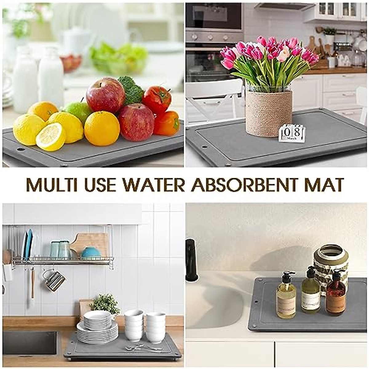 Water Absorbing Stone Dish Drying Mats for Kitchen Counter, Quick Dry Diatomaceous Earth Sink Tray Mat for Dish Bottles Cups, Bathrooms Multi-Room Use