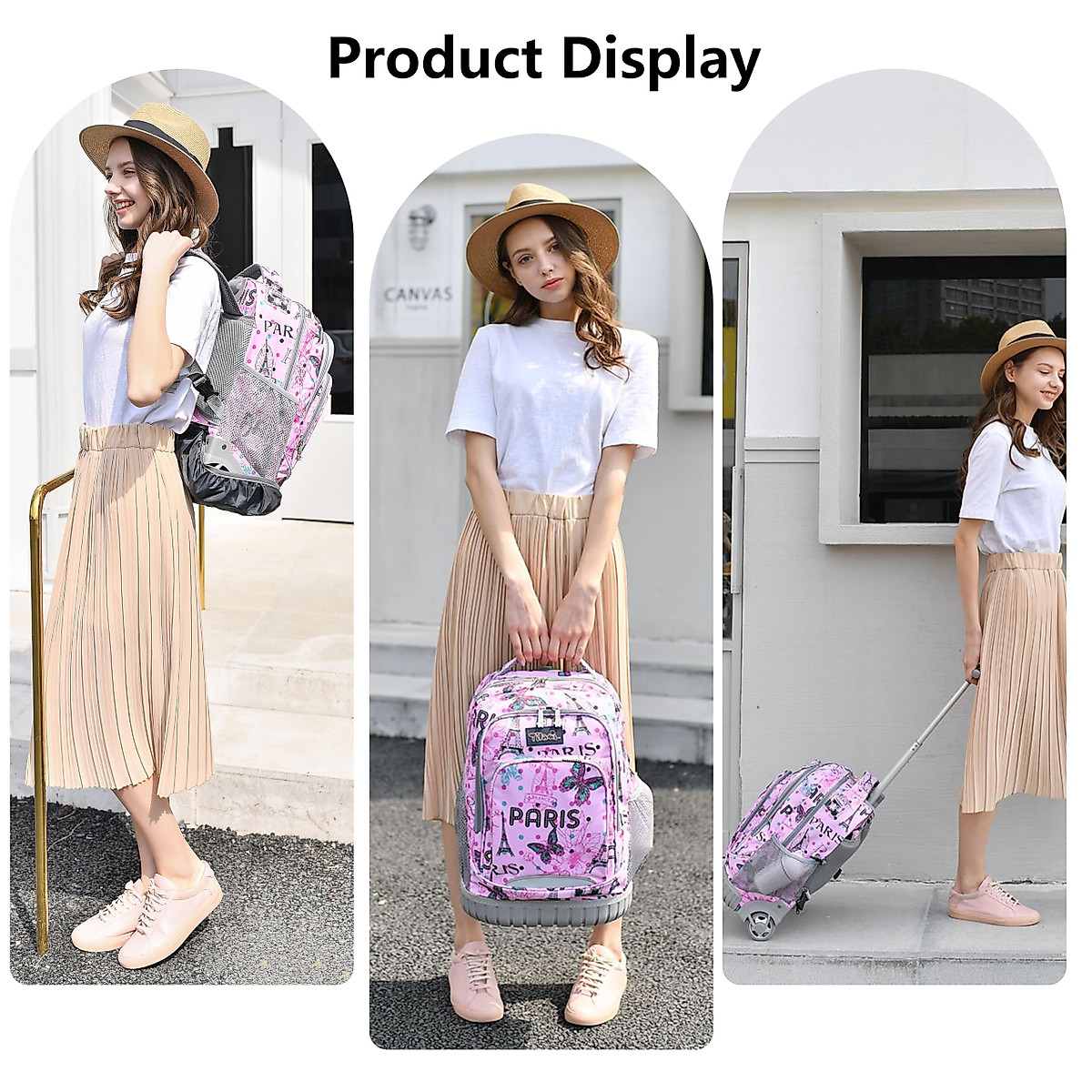 NEW TILAMI Rolling Backpack 18 Inch, Boys Girls Cute Wheeled Laptop Boys Girls Travel School Student Trip Bag, Pink Love