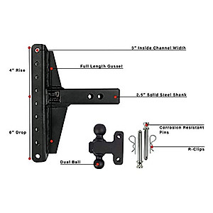 BulletProof Hitches 2.5" Adjustable Extreme Duty (36,000lb Rating) Offset 4" & 6" Drop/Rise Trailer Hitch with 2" and 2 5/16" Dual Ball (Black Textured Powder Coat, Solid Steel)