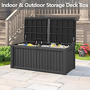 Esmlada Outdoor Storage Box, 150 Gallon Large Outdoor Resin Deck Box, Storage Outdoor Waterproof Boxes Lockable Lid for Garden Tools, Pool Supplies, Patio Furniture and Cushions, Black
