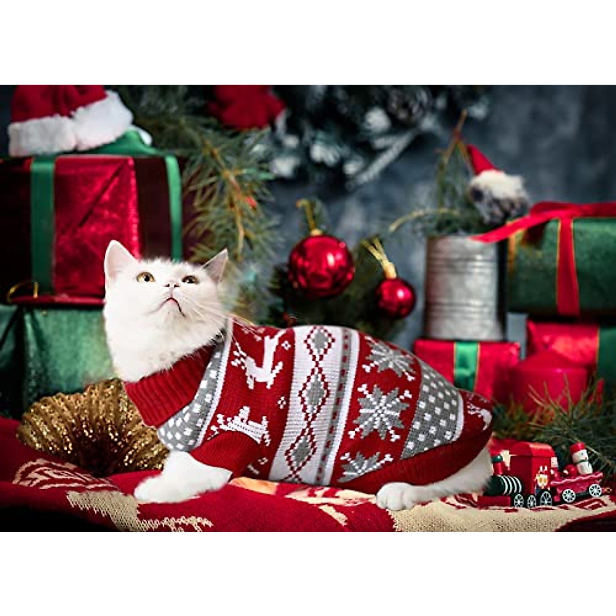 CooShou 3Pcs Christmas Dog Sweater Costume Xmas Cat Knitwear Clothes Navy Blue White and Christmas Red Sweaters with Reindeers Snowflakes Pattern for Kitten Cat Puppy Dog XS
