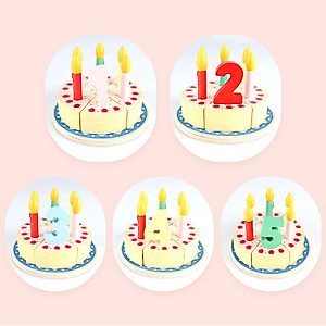 Steventoys Wooden Cutting Birthday Cake Toys,Birthday Fake Cake Toy with Candles and Numbers, Pretend Play Food Set ,Montessori Tea Party Toys Learning Kitchen Toys for Boys Girls 1-6 Years