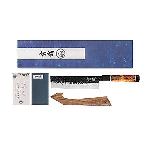Concord Genbu Traditional Japanese Chef's Knife Raw Hammered Double Beveled 9CR18MOV Blade w/ 60 HRC. Tortoise Shell Resin Handle. Comes with Magnetic Magnolia Wood Sheath with Stand. (7" Nakiri)