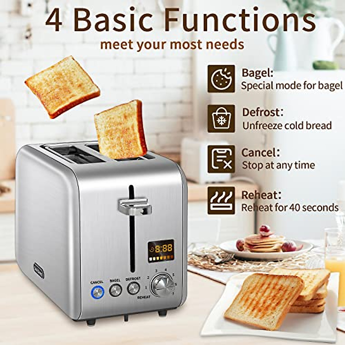 SEEDEEM Toaster 2 Slice, Stainless Steel Bread Toaster with Colorful LCD Display, 7 Bread Shade Settings, 1.4'' Wide Slots Toaster with Bagel/Defrost/Reheat Functions, Removable Crumb Tray, 900W, Silver Metallic