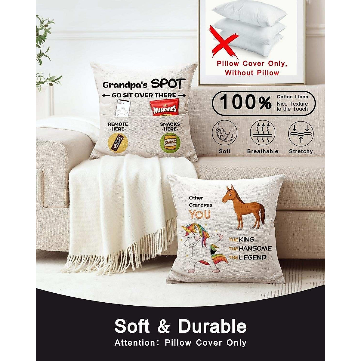 Qenifr Grandpa Gifts,Grandpa’s Spot Throw Pillow Covers with 2 Pockets 18x18 Inch, Father’s Day Birthday Christmas Thanksgiving Day Gifts for Papa Granddad