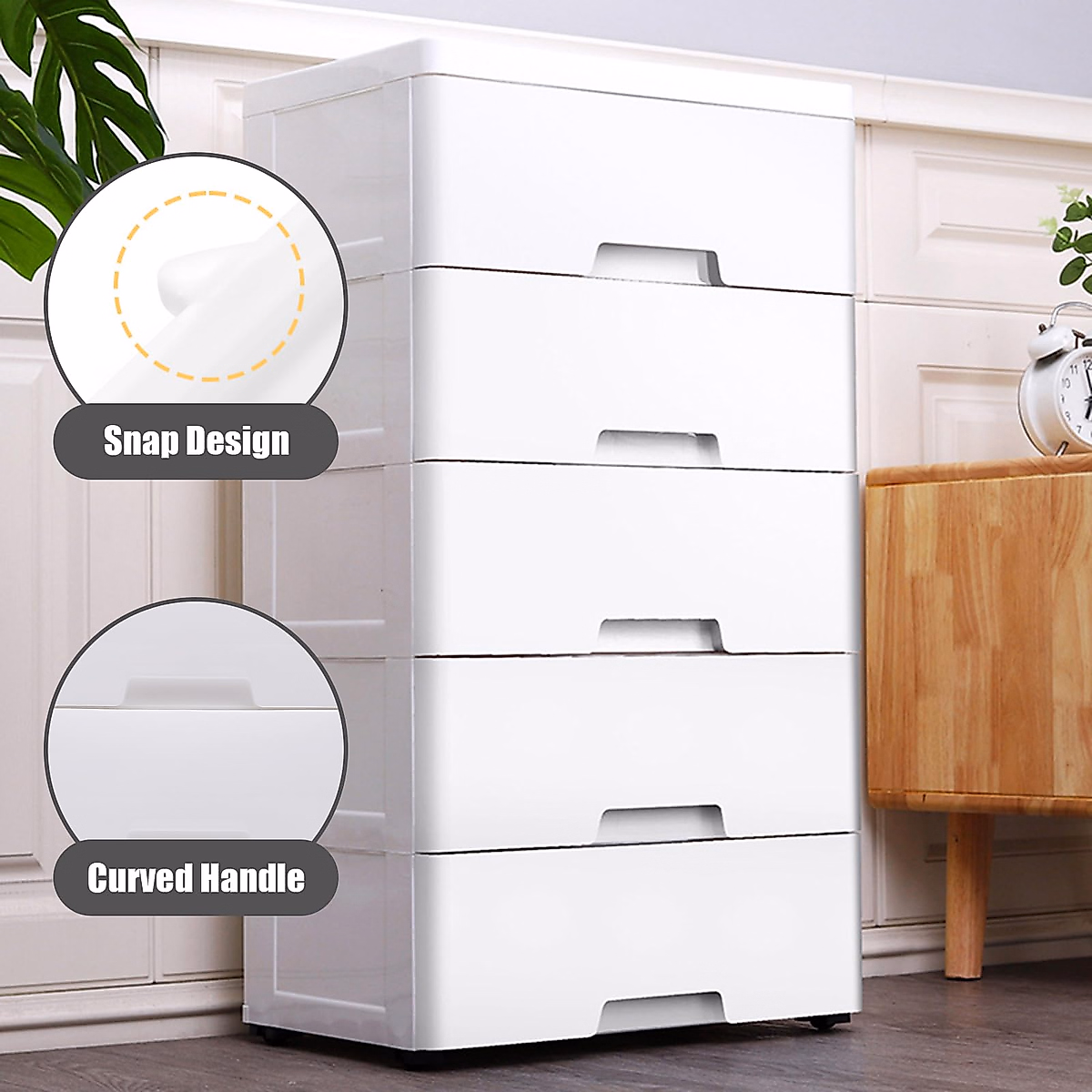 5 Drawer Storage Cabinet with Wheels,Plastic Drawers Dresser,5 Tier Storage Cabinet for Living Room,Bedroom,Kitchen,White