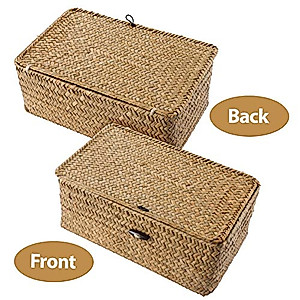 DECHOUS Storage Basket 1pc Small Basket with Lid Woven Baskets Decorative Baskets Wicker Basket with Lid Decorative Storage Boxes Straw Container for Home Office Shelf Organizer Shelf Bracket