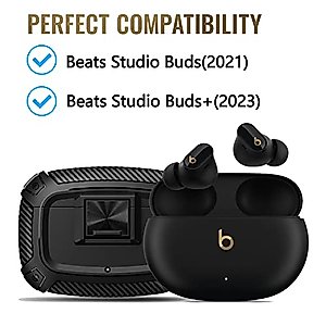 JIML [Upgrade Secure Lock] Compatible with Beats Studio Buds (2021) / Beats Studio Buds+ (2023) Case TPU Military Shell Protective Cover Skin Shock-Absorbing with Keychain and Lanyard (Black)