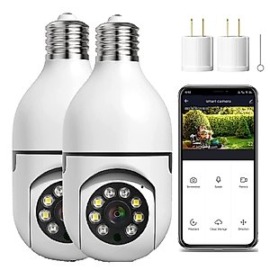 2 Pack 3MP Light Bulb Security Camera Wireless Outdoor, 360° Indoor WiFi Smart Light Socket Cameras for Home Security Cameras with Motion Detection and Alerts, 2-Way Audio, Compatible with Alexa