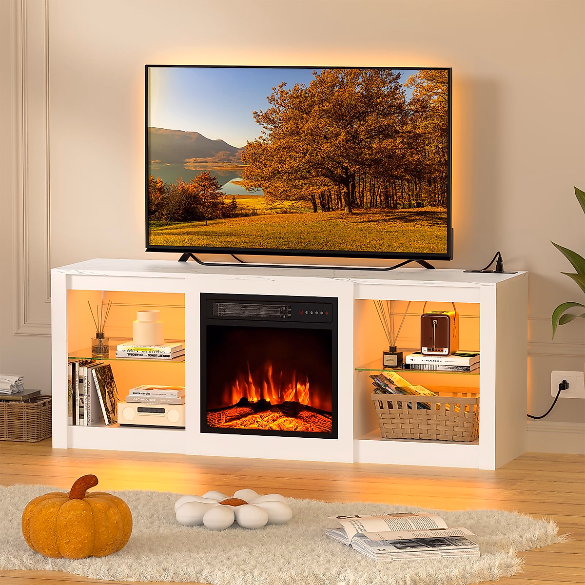 BREEZEHEAT 58inch Electric Fireplace TV Stand for 65'' TV-Entertainment Center with 18'' Fireplace and Led Light-TV Console with Glass Shelves, Power Outlets, Remote Control (White Marble)