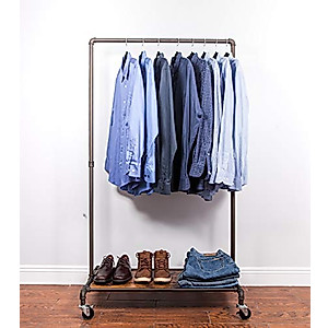 Real Home Innovations Modern Industrial Style Garment Rack with Wood Shelf, Satin Pewter