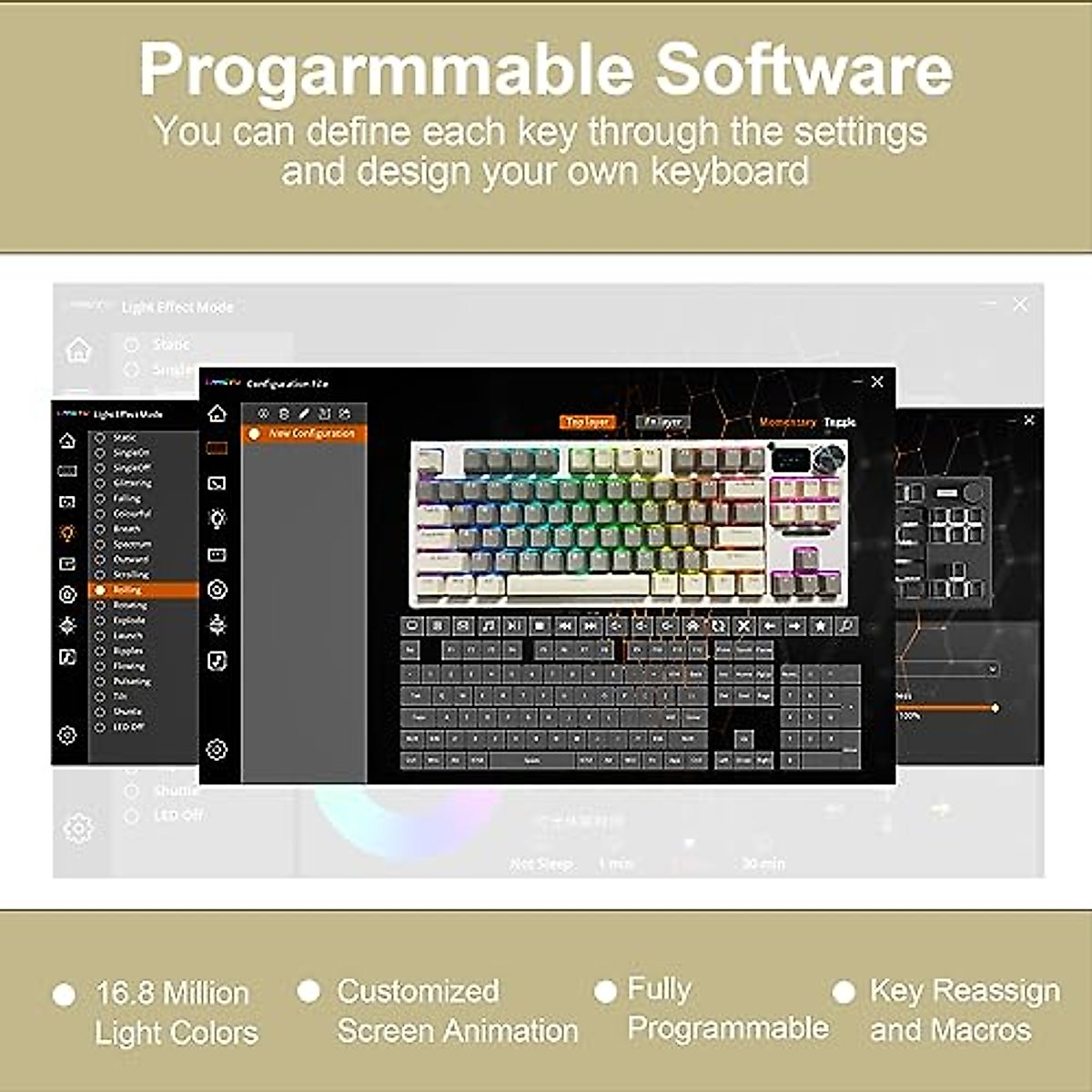 SHOWKINGS 75% Mechanical Keyboard, BT5.0/2.4G/USB-C Hot Swappable Gaming Keyboard with 87 Keys Programmable Buttons for Windows and Mac OS Systems-Customized Sea Air Switch(Grey-White)