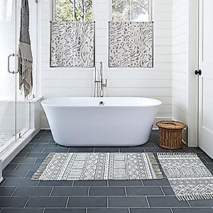 Lacomfy Boho Runner Rug Set 2PC Bathroom Rugs and Mats Black and White Moroccan Floor Mat Throw Rug for Bedroom Living Room Kitchen Laundry Room Farmhouse Decor, Cotton Bohemia Rug with Tassels