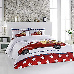 Twin 3 Pieces Duvet Cover Sets 4th of July Sunflower Cow on Red Truck Bedding Set,Microfiber Ultra Soft Bed Sheet with Pillow Shams,Luxury Quilt Covers for Bedroom Decor Freedom Star on Blue Red