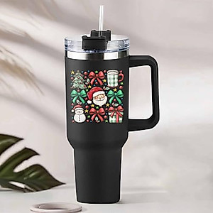 LB LEOBON 40 ounce insulated cup with handle, double-layer vacuum stainless steel material, equipped with straw, can keep warm or maintain cold drinks Santa Claus Gift black