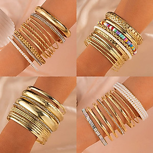Caiyao Layers Bohemica Stackable Bracelets Set Indian Wedding Multi Textured Pearl Beads Gold Bangle Bracelet Fashion Simple Handcuffs Wrist Bangle for women Jewelry-D