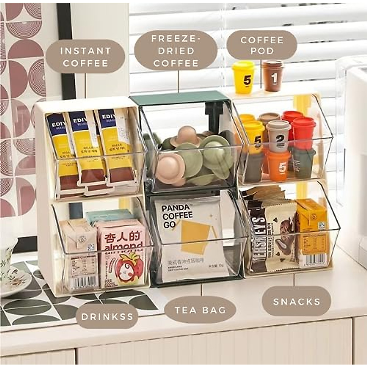 BILLION GOLD Acrylic Storage Containers Box, Desktop Tea Bag Organizer with 2 Drawers - Coffee Pod Holder for K Cups, Tea Bags, Creamer, Sugar Bags for Home Office(White)