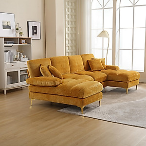 SULOPS Chenille Modern Large Accent Sofa Cloud Couch, 114" Wide U-Shaped 4-6 Seat Living Room Sofa Set, Indoor Modular Sectional Sofa Couches with 2 Chaise Lounges (Yellow-Wave)