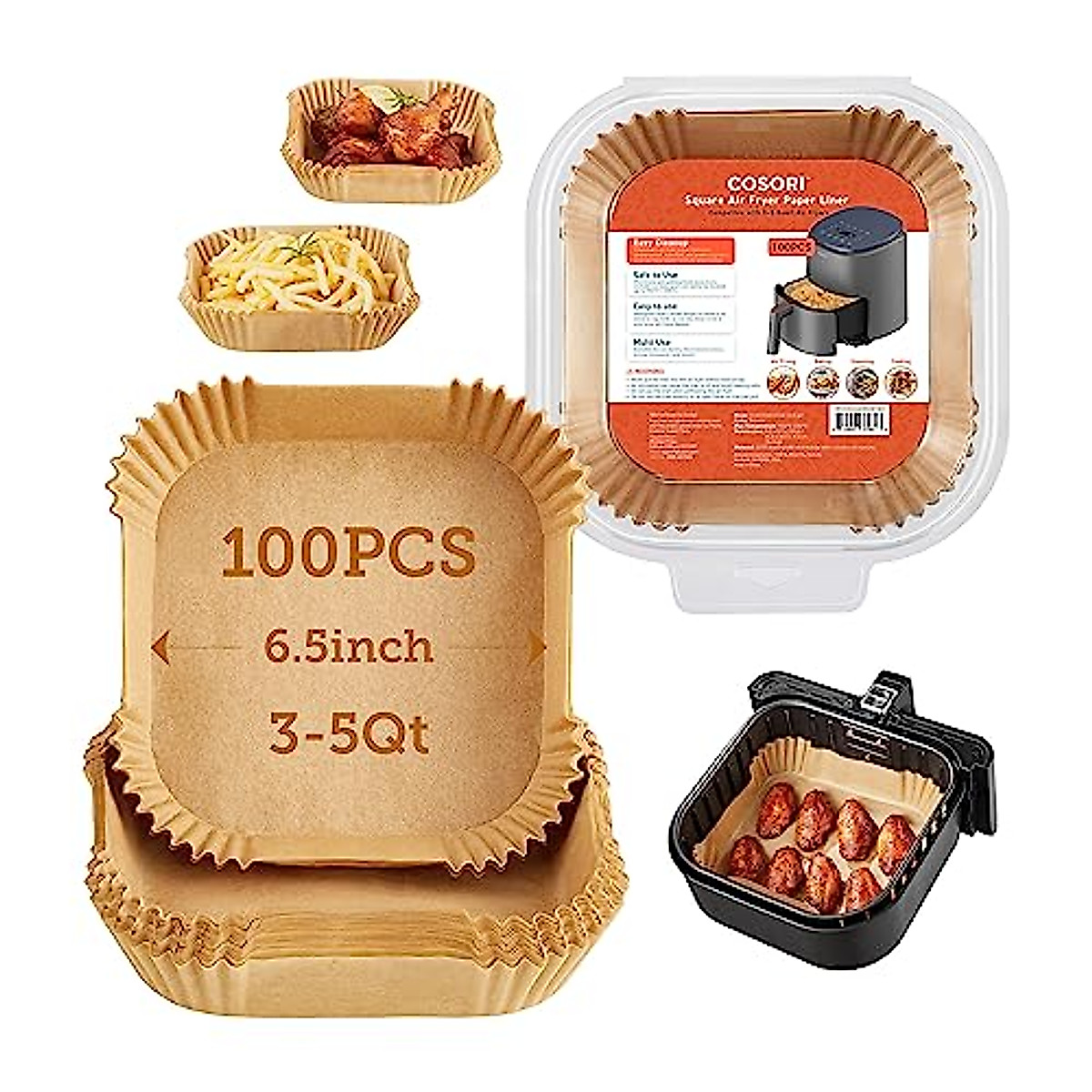 COSORI Air Fryer Liners, 100 PCS Square Disposable Paper Liners, Non-Stick Silicone Oil Coating, Little to No Cleaning, 6.5" Unbleached Food Grade, Resistant to 465°F, Thickened Not Easy to Break
