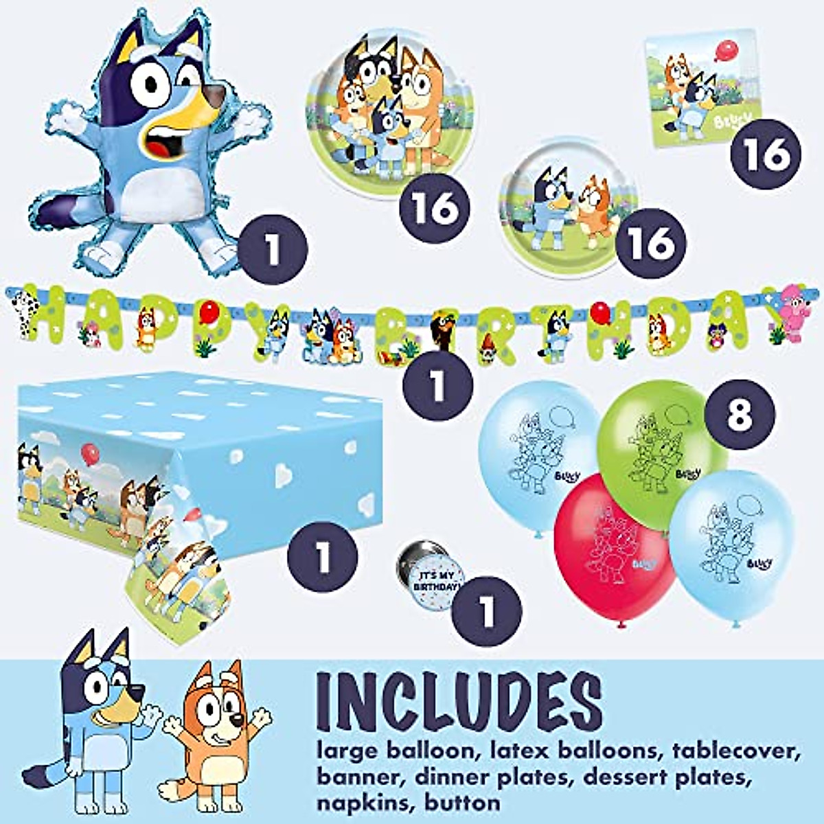 Unique Bluey Birthday Party Supplies | Bluey Party Supplies | Bluey Birthday Decorations | Bluey Party Decorations | With Bluey Balloons, Banner, Tablecover, Bluey Plates, Bluey Napkins, Button