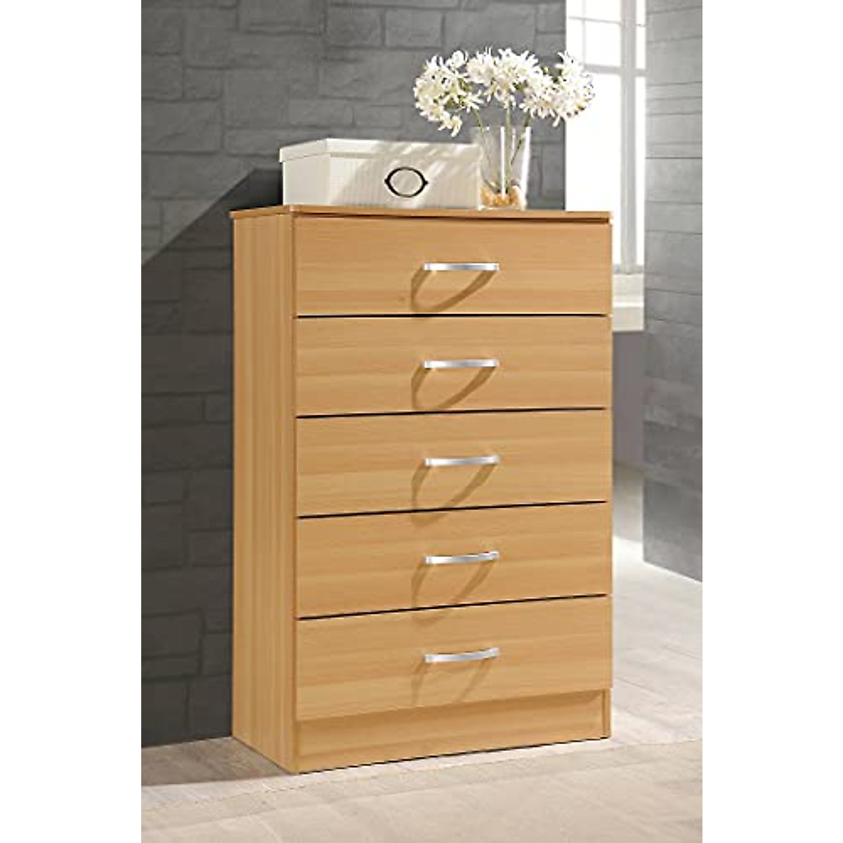 HODEDAH IMPORT 5 Drawer Chest, with Metal Gliding Rails, Beech, 47.8x31.5 inches