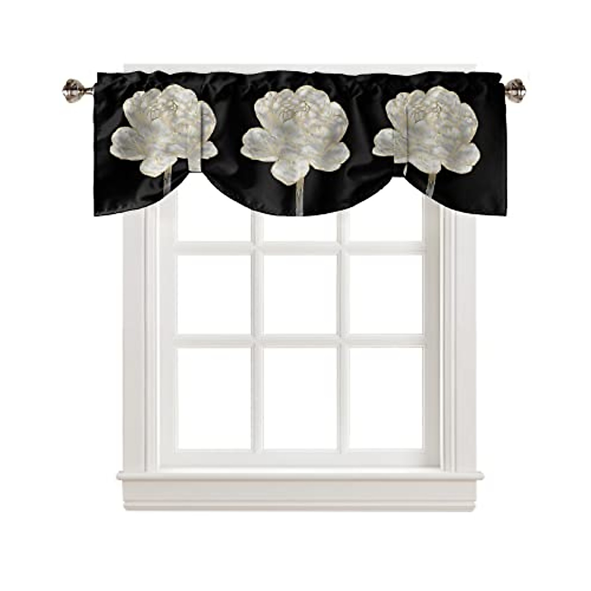 Semi Sheer Valance Adjustable Kitchen Valance for Windows, Abstract White Flower with Gold Border Black Valances for Bathroom Bedroom Living Room, Tie-up Rod Pocket Decorative Window Curtain 54"x18"