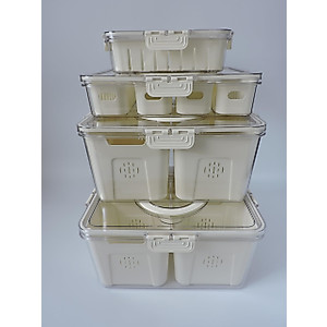 LEEHEZLY Food Storage Container for Fridge, Portable White Plastic BPA-free Box, Divided Serving Tray with Lids and Handle, Keep Fruits and Vegetables Fresh with 4 Removable Colanders (Short)