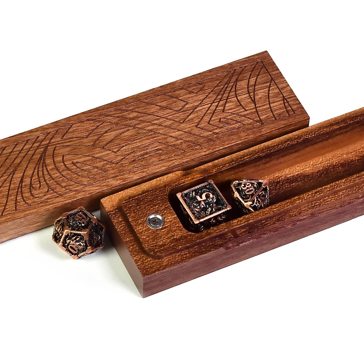 Poludie Wooden DND Dice Box, Dice Holder Case with Felt Lined Magnetic Lid for D&D Tabletop Game - Acacia (Nordic Palace Carving-Black)