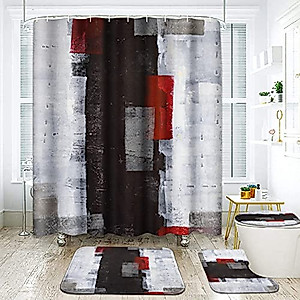 4 Piece Shower Curtain Sets, with 12 Hooks, Red Grey Black Abstract Contemporary Gallery with Non-Slip Rugs, Toilet Lid Cover and Bath Mat, Durable and Waterproof, for Bathroom Decor Set, 72" x 72"