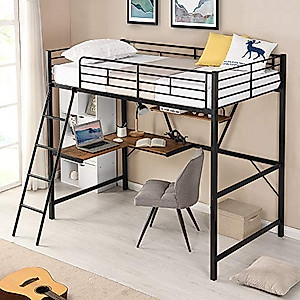 MOEO Twin Size Loft Bed with L-Shaped Desk and Shelf, Metal Steel Bedfram w/Guardrail for Kids, Home, No Spring Box Required, Black