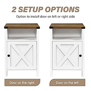 Catrimown Farmhouse End Table, Set of 2, Rustic Night Stand with Barn Door and Storage Shelf, White End Table Side Table for Bedroom Living Room, White