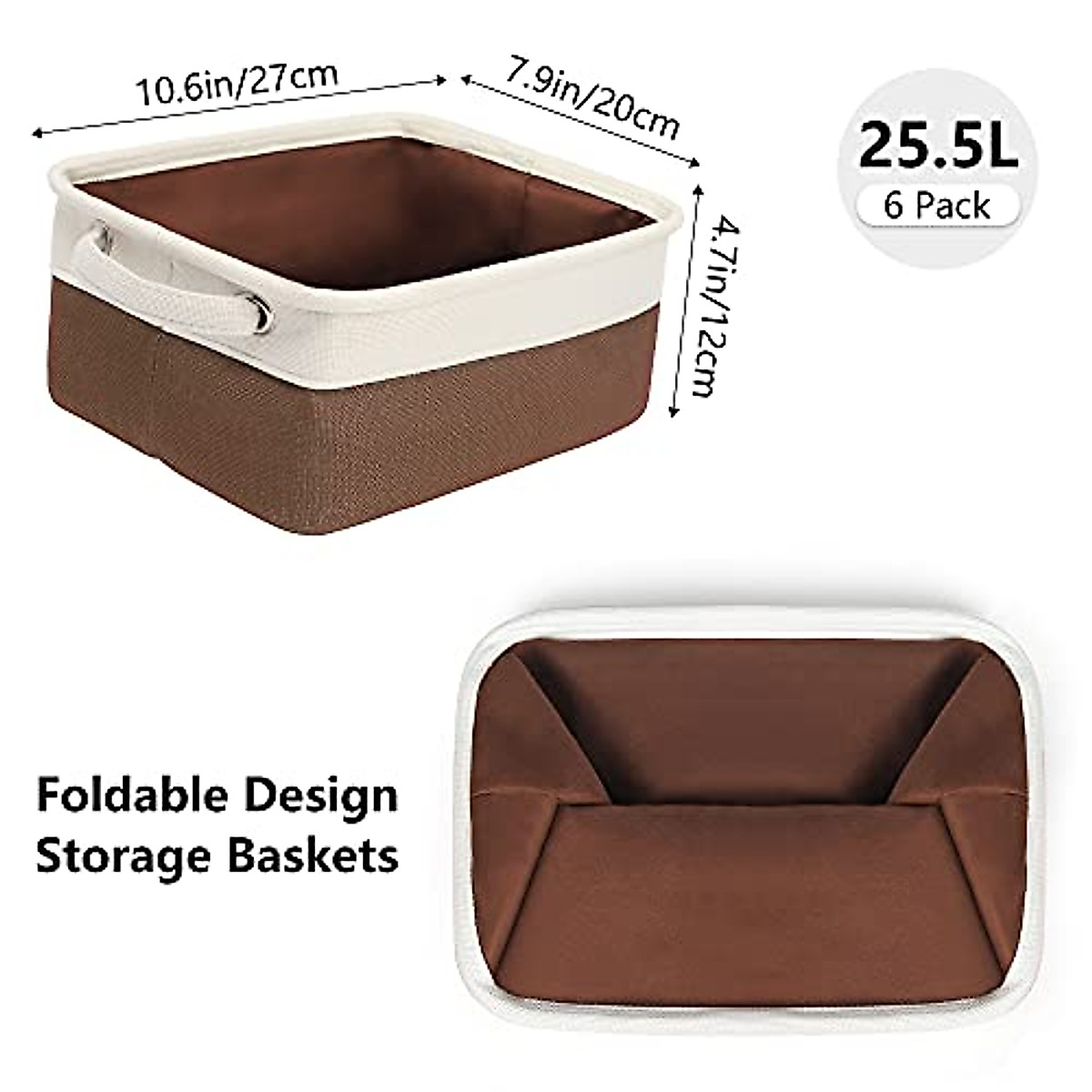 Small Storage Baskets, 6-Pack Small Fabric Bins,Empty Gift Baskets with Rope Handles, Collapsible Decorative Baskets for Shelves, Closets, Laundry, Nursery