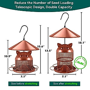 CEED4U Bird Feeder for Outdoors 4LB Seeds Retractable Large Wild Bird Feeders with Hook and Cover Metal Hanging Bird Feeders Garden Yard for Outside Cute Cat Shaped Brown