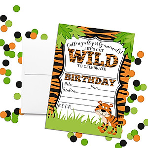 Tiger Birthday Party Invitations for a WILD time, 20 5x7 Fill In Cards with Twenty White Envelopes by AmandaCreation.