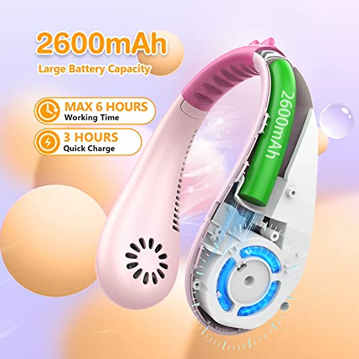Kkdi Kids Neck Fan, Portable Bladeless Fan for Kid 4-14Y Girls & Boys, 2600mAh USB Personal Mini Fan Cooling Fan for Travel/Camping/Study, 4 Speeds, Lightweight, Compact, Perfect Summer Gifts for Kids