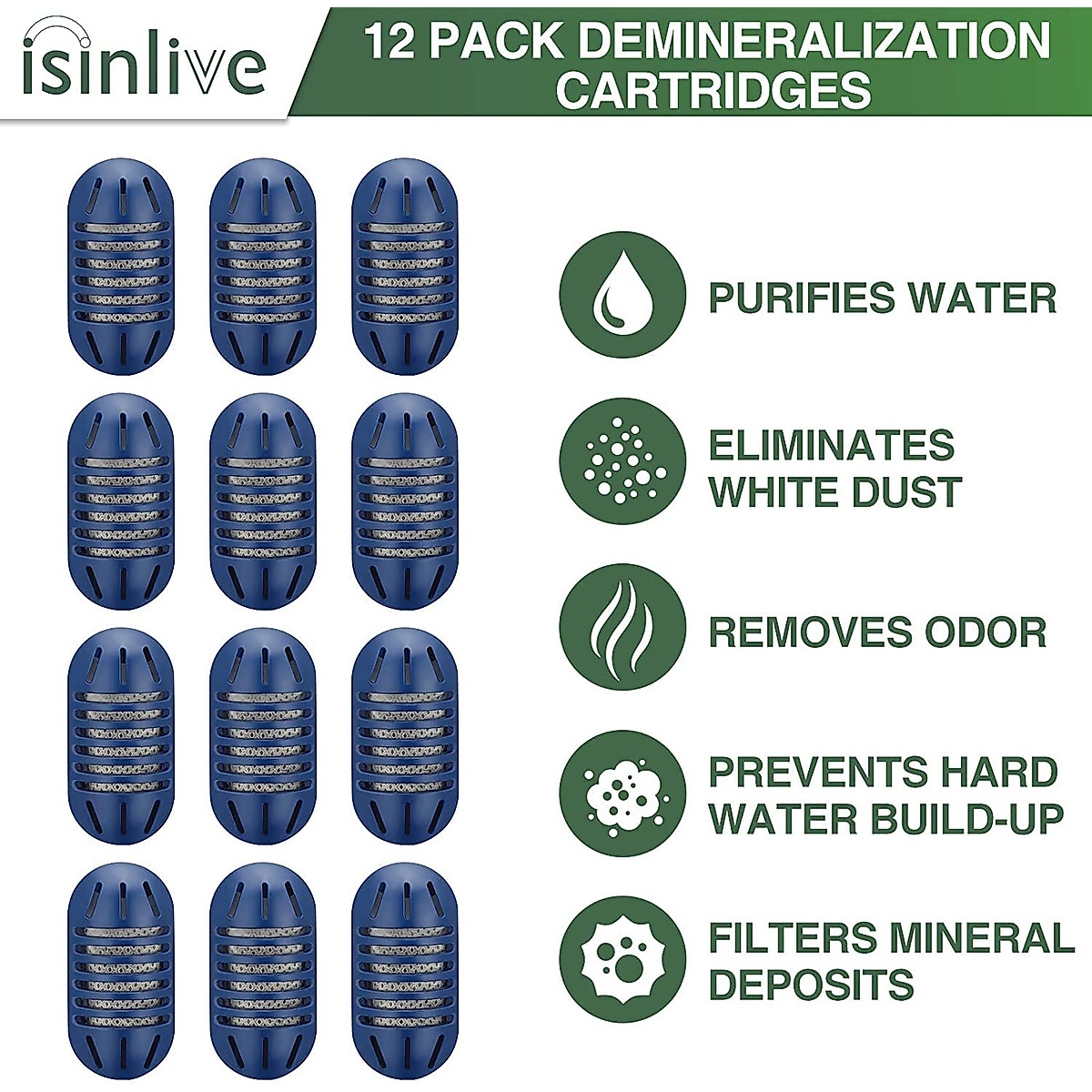 Demineralization Cartridge Filter for HoMedics & Vicks Ultrasonic Humidifiers, Filters Mineral Deposits, Prevents Hard Water Build-Up, Purifies Water, Eliminates White Dust and Odor, 12 Pack