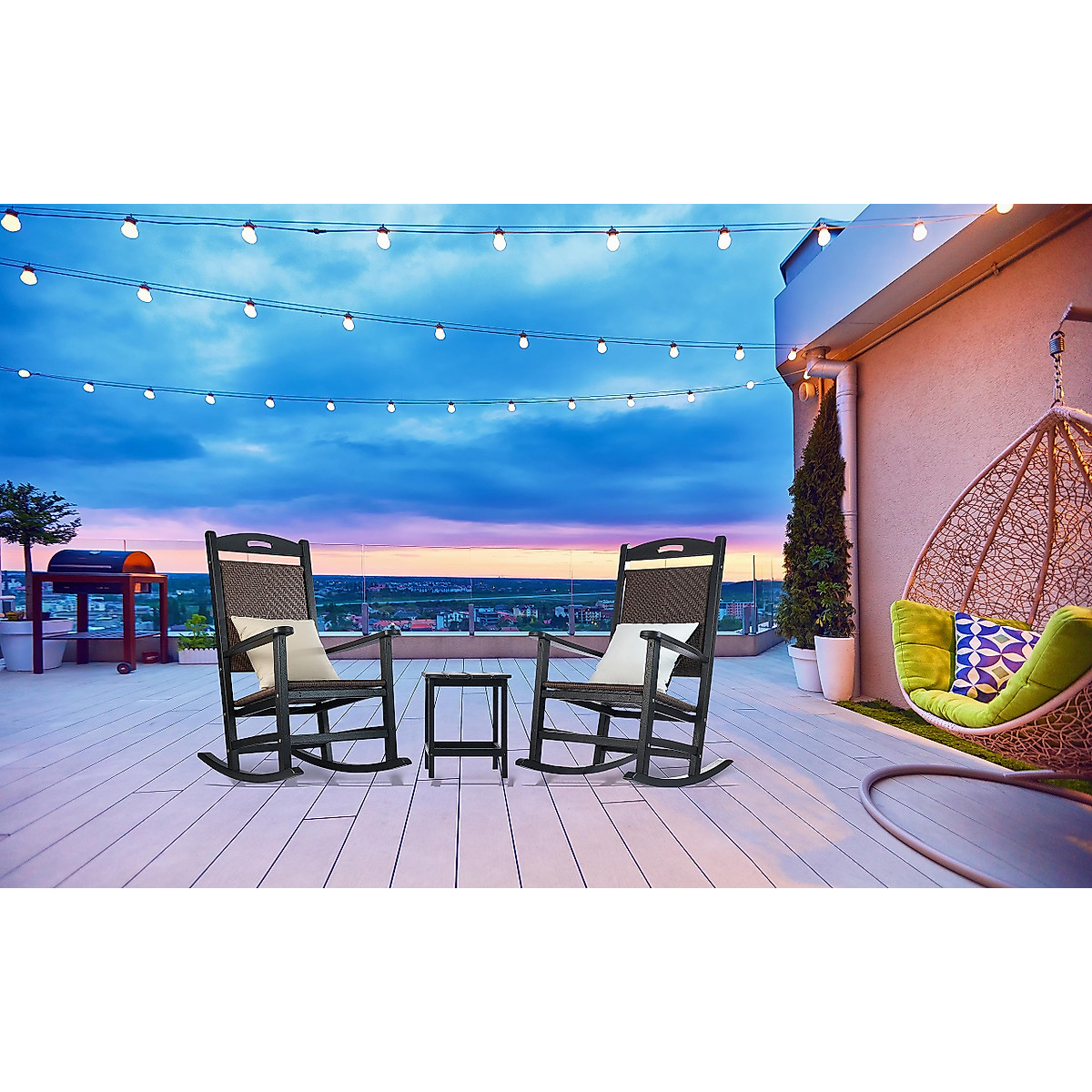 Adiromoti Patio Rocking Chair Set of 3 Rattan High Back Rocking Chair Side Table Weather Resistant HDPE Outdoor Rocking Chair Furniture for Porch Garden Backyard Campfire Firepit Weatherproof (Black)