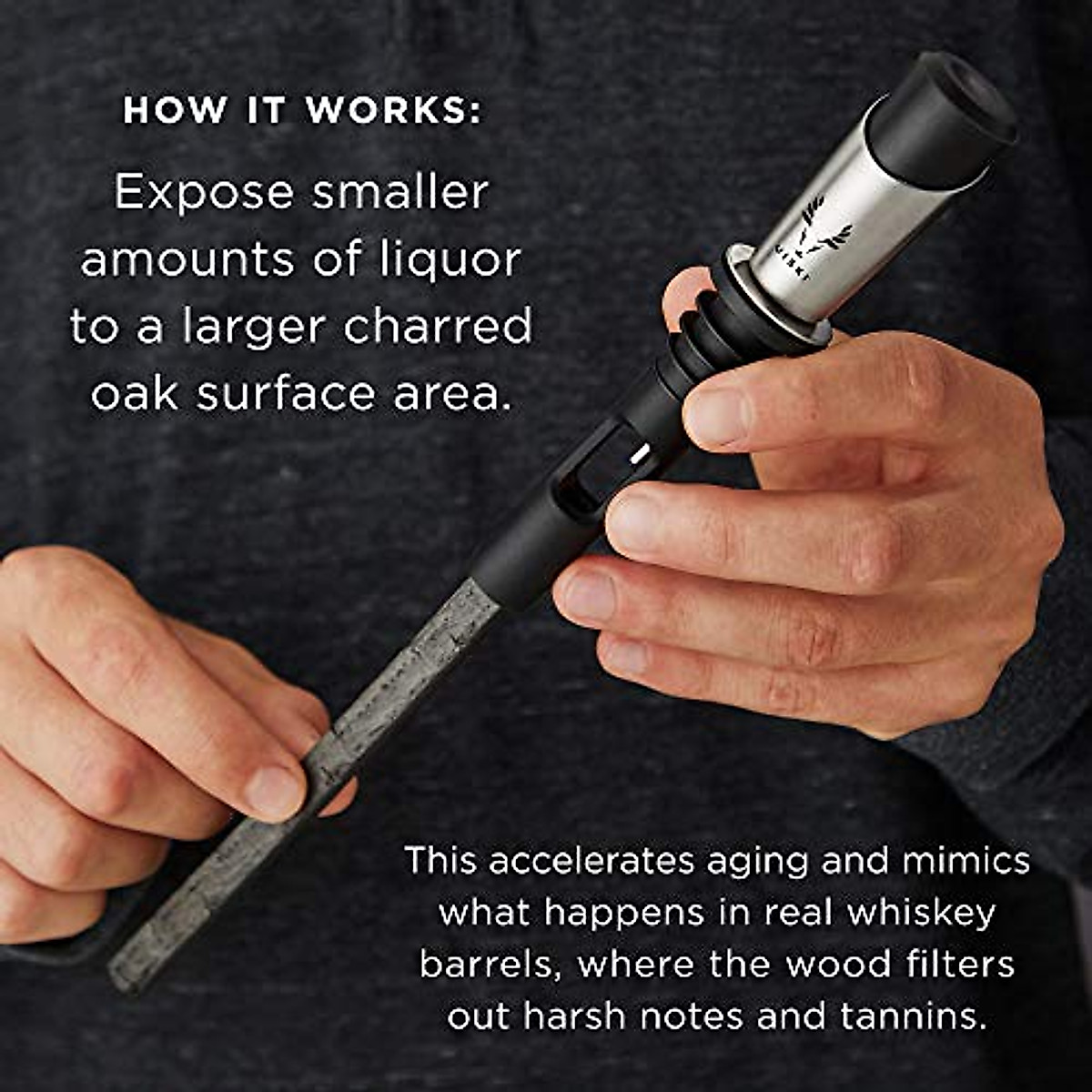 Viski Alchemi Liquor Aging Kit 2 Charred American Oak Wood Sticks with Stopper Pourer, Stainless Steel, Silicon, Black, 1x7.85x3