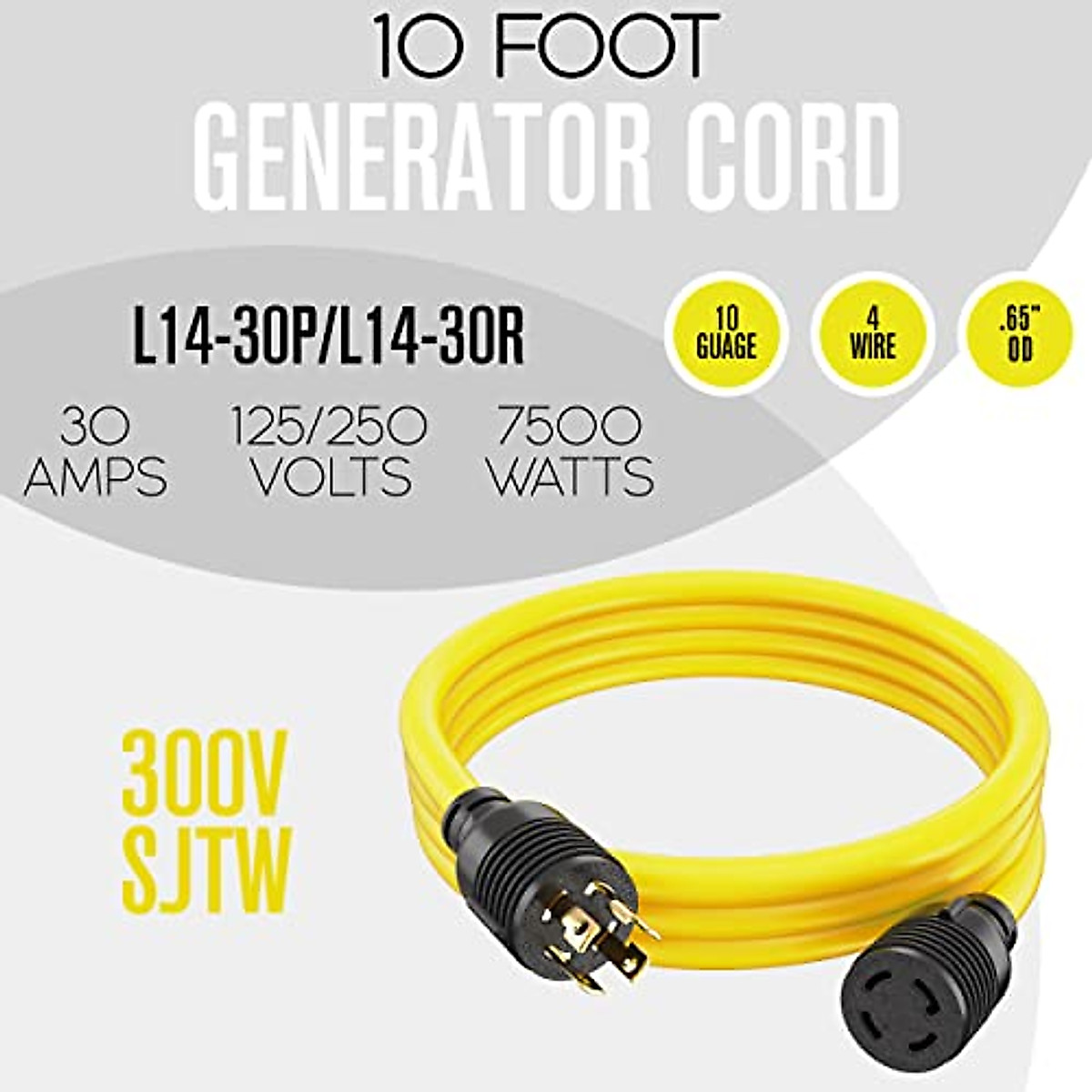 Houseables 30 Amp Generator Cord 4 Prong, Extension Generator Cable, 10 FT, 125-250v, 7500 Watt Max Rating, UL CUL, NEMA L-14-30P, Rubber, 10 Gauge, Heavy Duty, L14-30, Transfer, Twist Lock Power Cord