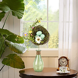 Develoo Easter Bird Nest Tabletop Ornament,Rattan Weaving Simulation Birds Nest with Speckled Eggs and Flowers for Spring Garden Decor Photo Props