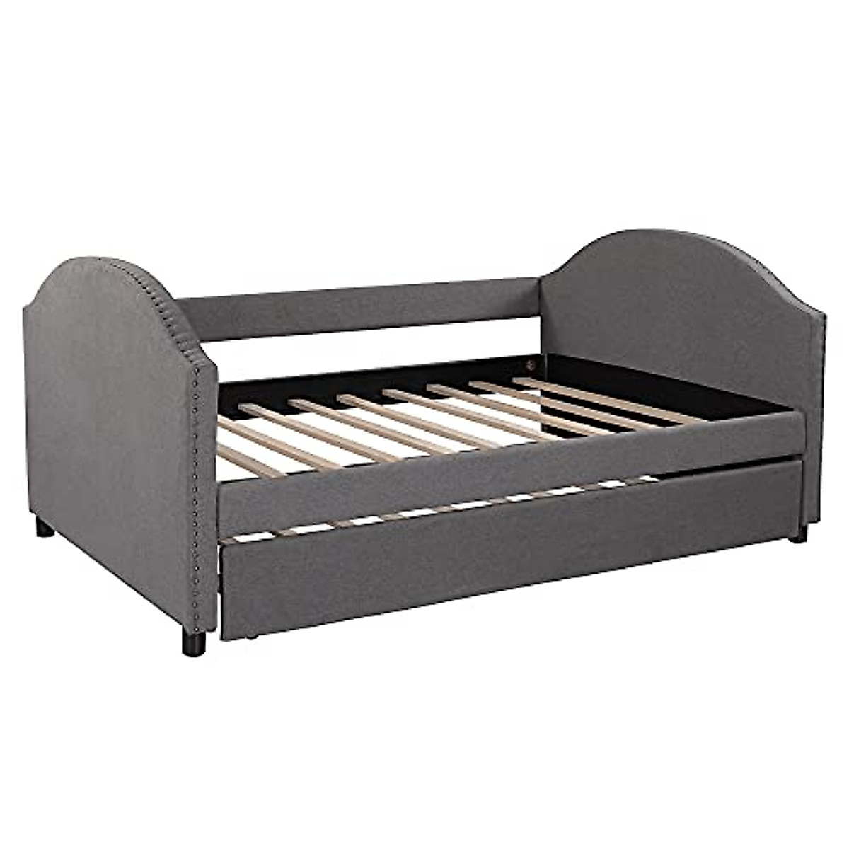 HSBD Full Size Daybed with Trundle, Modern Upholstered Day Bed Linen Fabric Sofa Daybed Frame with A Roll-Out Trundle, No Box Spring Needed, Furniture for Bedroom Living Room Guest Room