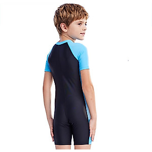 karrack Girls and Boys One Piece Rash Guard Swimsuit Kid Water Sport Short Swimsuit UPF 50+ Sun Protection Bathing Suits Black- Blue (Size 8-10Years)