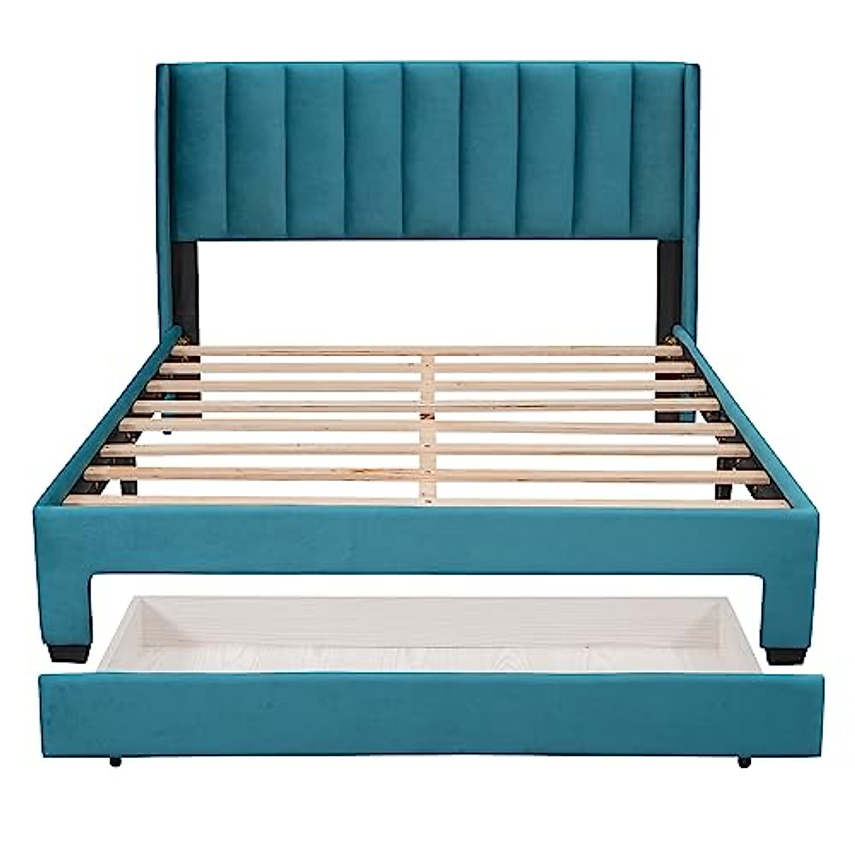 OTRIEK Queen Size Velvet Upholstered Platform Bed Frames with Large Storage Drawer, Mid-Century Modern Royal Platform Bed with Headboard, Sturdy Wood Slat Support for Bedroom Boys Girls (Blue)