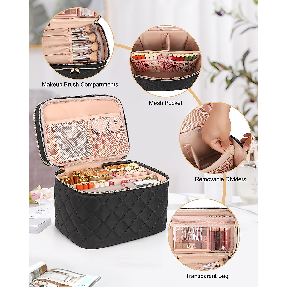 Travel Makeup Bag Organizer, Large Make Up Bag for Women, Double Layer Cosmetic Bag with Removable Dividers, Portable Makeup Case Storage, Black