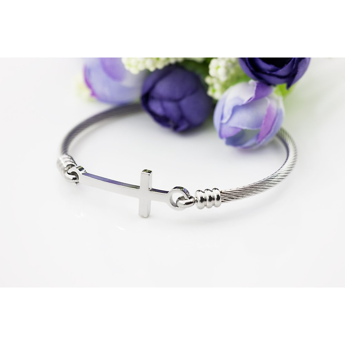 WDSHOW Sideways Cross Bracelet Cuff Bangle Stainless Steel Silver-Tone