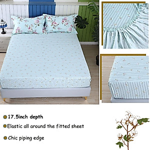 FADFAY 7-Piece 100% Cotton Complete Bedding Sets Full Size Sheet Set + Duvet Cover, Soft Blue Shabby Floral Deep Pocket Bed in a Bag (1 Duvet Cover, 1 Fitted Sheet, 1 Flat Sheet + 4 Pillowcases)