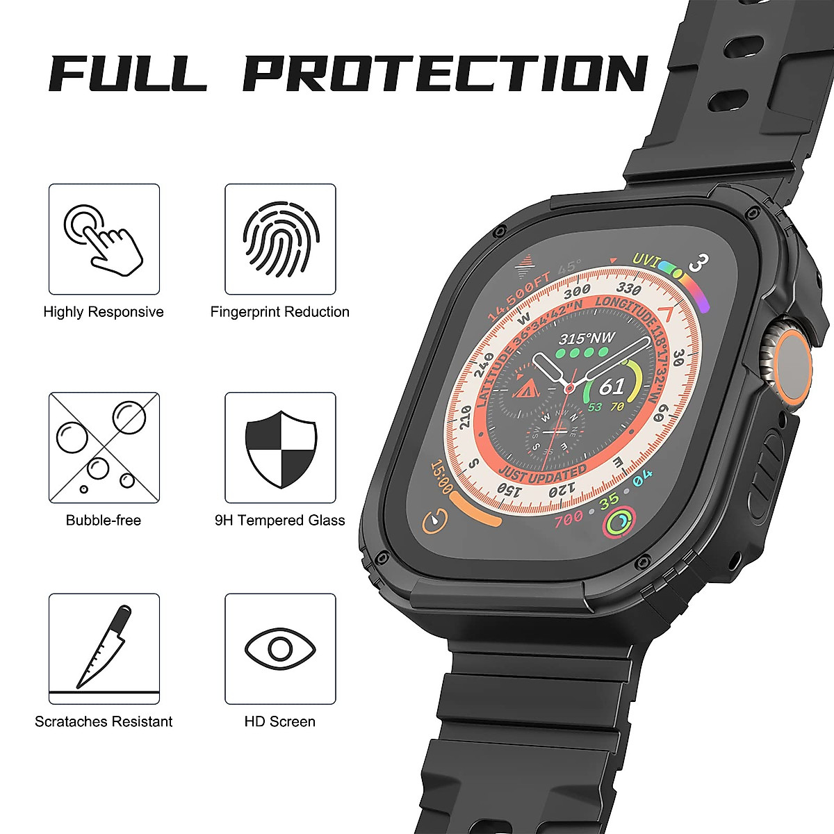 Adepoy 2 Pack Rugged Case Compatible for Apple Watch Ultra/Ultra2 49mm with Tempered Glass Screen Protector, Military All Around Hard TPU Protective Cover Case Shockproof Bumper for iWatch Men 49mm