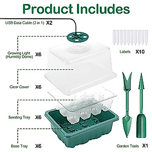 Seed Starter Tray, 6PCS Seed Starter Kit with Grow Light, Seedling Trays with Humidity Domes, Covers Height 3.9", Indoor Gardening Plant Germination Trays (12 Cells per Tray)