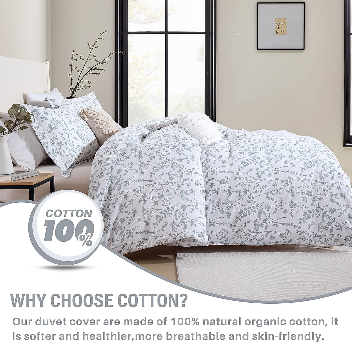 CozyQQ Cotton Duvet Cover King - 100% Cotton 400TC Soft Lightweight Summer King Duvet Cover Set, 3 PCS Floral Bedding Set, 1 King Duvet Cover & 2 Pillow Shams (104"x90", No Comforter)