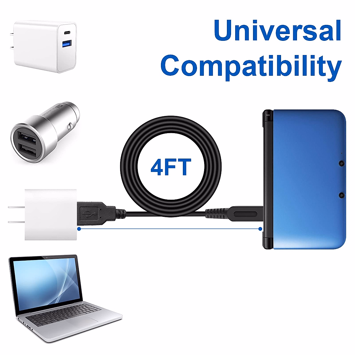 Trenro 2 Pack 3DS Charger Cable, 2DS DSi USB Power Charging Cord Compatible with Nintendo New 3DS XL/New 3DS/ 3DS XL/ 3DS/ New 2DS XL/New 2DS/ 2DS XL/ 2DS/ DSi/DSi XL, 4ft, Black